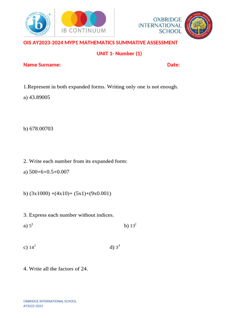 MYP1 Math Summative Assessment Guide | PDF