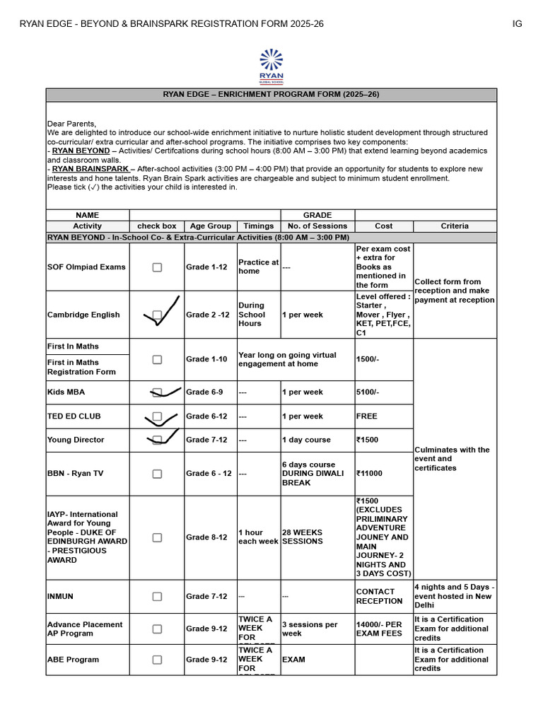 Ryan Edge Enrichment Program Form 2025-26 | PDF | Advanced Placement ...