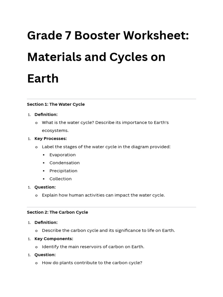 Grade 7 Earth Science Worksheet: Cycles | PDF
