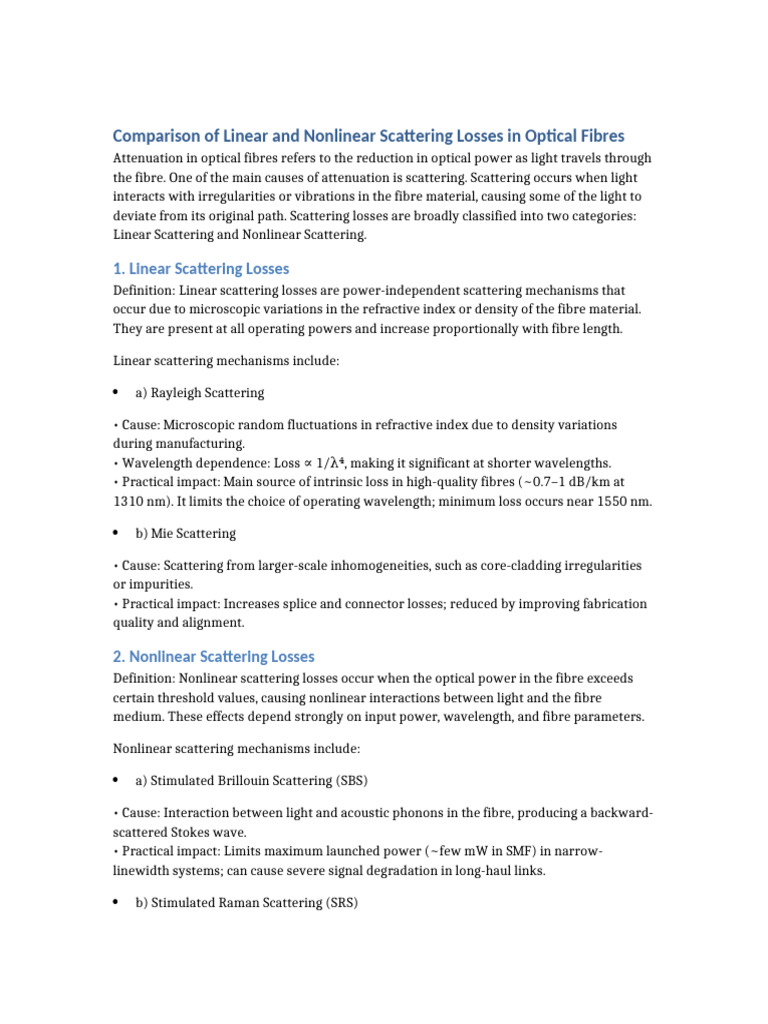 Linear vs Nonlinear Scattering Losses | PDF | Scattering | Optical Fiber