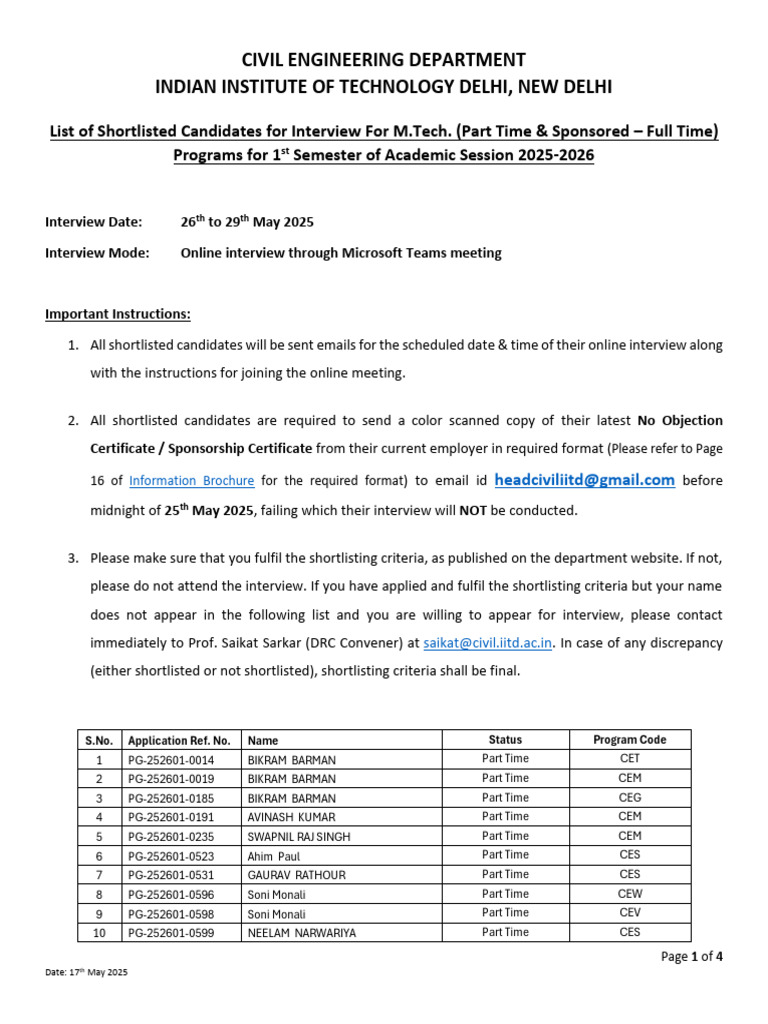 Shortlisted MTECH (PT FT-SPO) 2025-26 Ist Sem | PDF