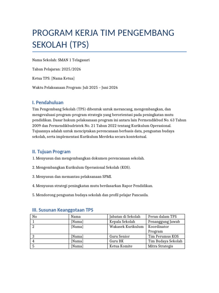 Program Kerja Tim Pengembang Sekolah | PDF