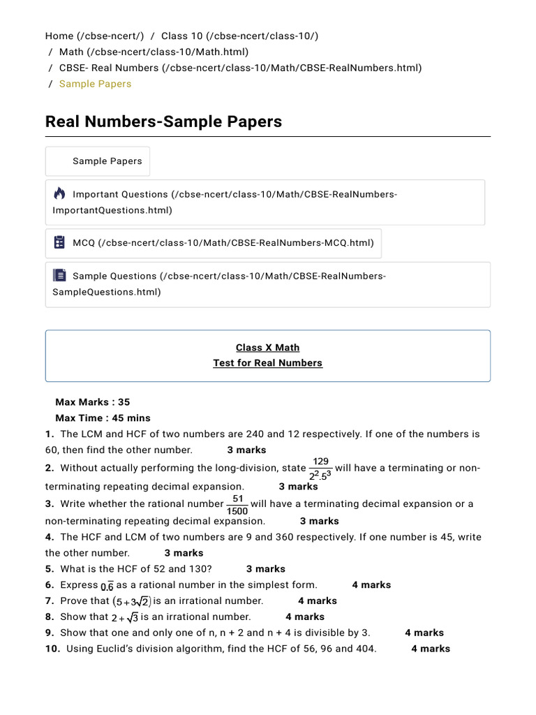 CBSE 10, Math Real Numbers Sample Questions | PDF