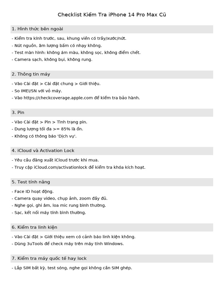 Checklist Kiem Tra IPhone14ProMax Cu | PDF