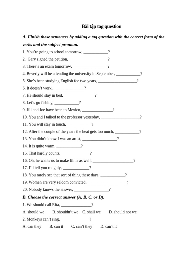 Tag Questions Exercise and Answers | PDF | Chess Theory | Linguistics