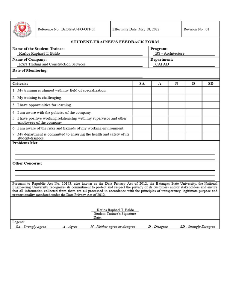 Karlos BatStateU-FO-OJT-05 - Student Trainee's Feedback Form - Rev. 01 ...