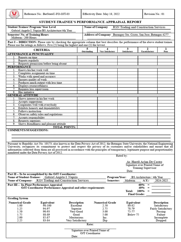 GAB BatStateU-FO-OJT-03 - Student-Trainee's Performance Appraisal ...