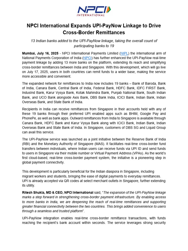 NPCI International Expands UPI-PayNow Linkage To Drive Cross-Border ...