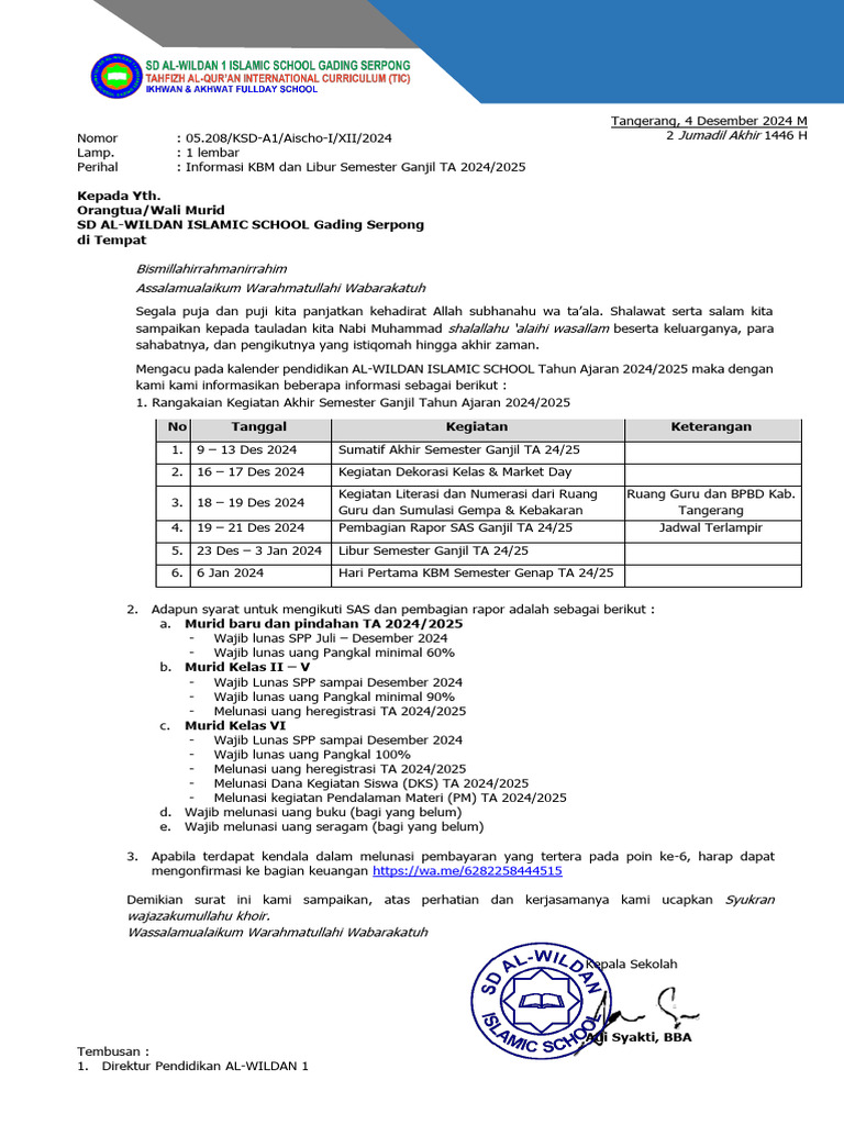 Informasi KBM dan Libur Semester 2024 | PDF