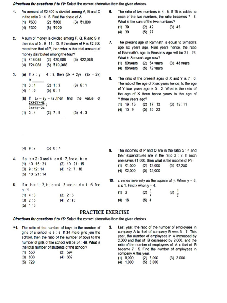 Ratio and Proportion Practice Questions | PDF