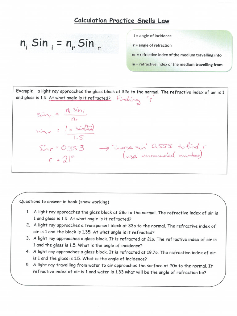 Calculation Practice Snells Law Answers | PDF