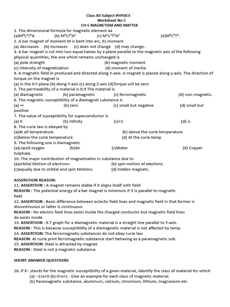 XII July WS-5 CH 5 Magnetism & Matter 2 | PDF | Magnetism | Ferromagnetism