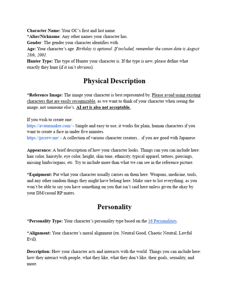 Hunter Character Creation Template | PDF