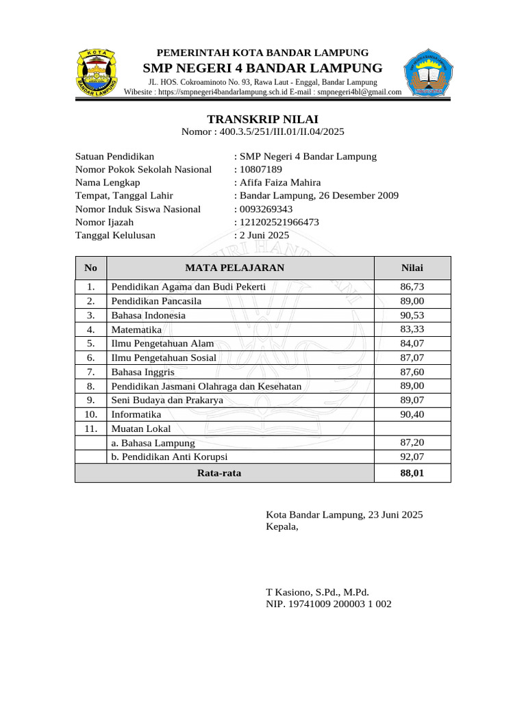 Transkrip Nilai 2025 SMPN 9a Belule TP 24 | PDF