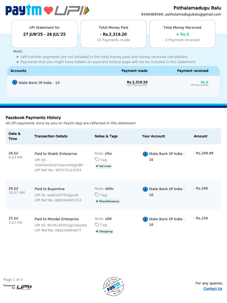 Paytm UPI Statement 27 Jun'25 - 26 Jul'25-2 | PDF | Banking Technology ...