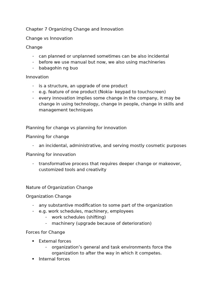 Chapter 7 Organizing Change and Innovations | PDF | Innovation | Social ...