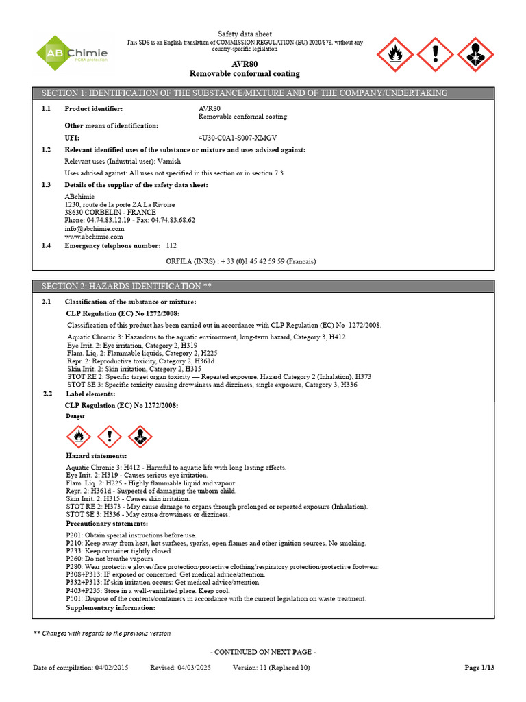 AVR80 Removable Conformal Coating SDS | PDF | Toxicity | Occupational ...
