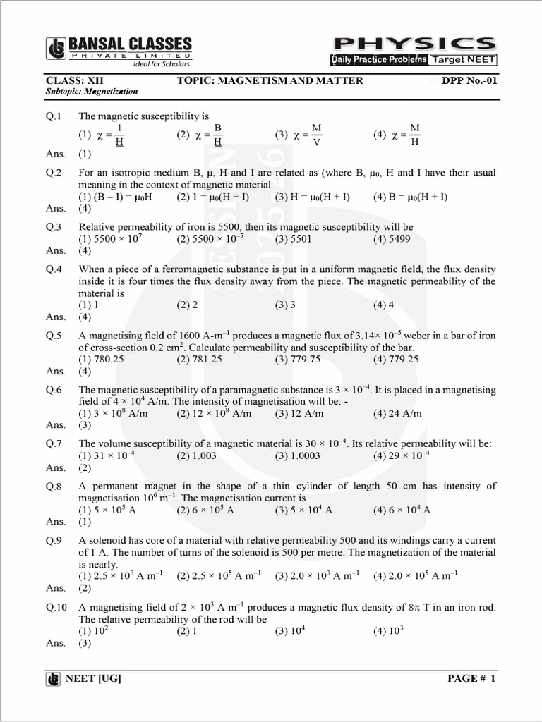 DPP-1 To 3 - Magnetism & Matter | PDF | Magnetism | Ferromagnetism