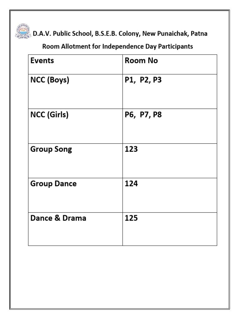 Room Allotment For Independence Day | PDF