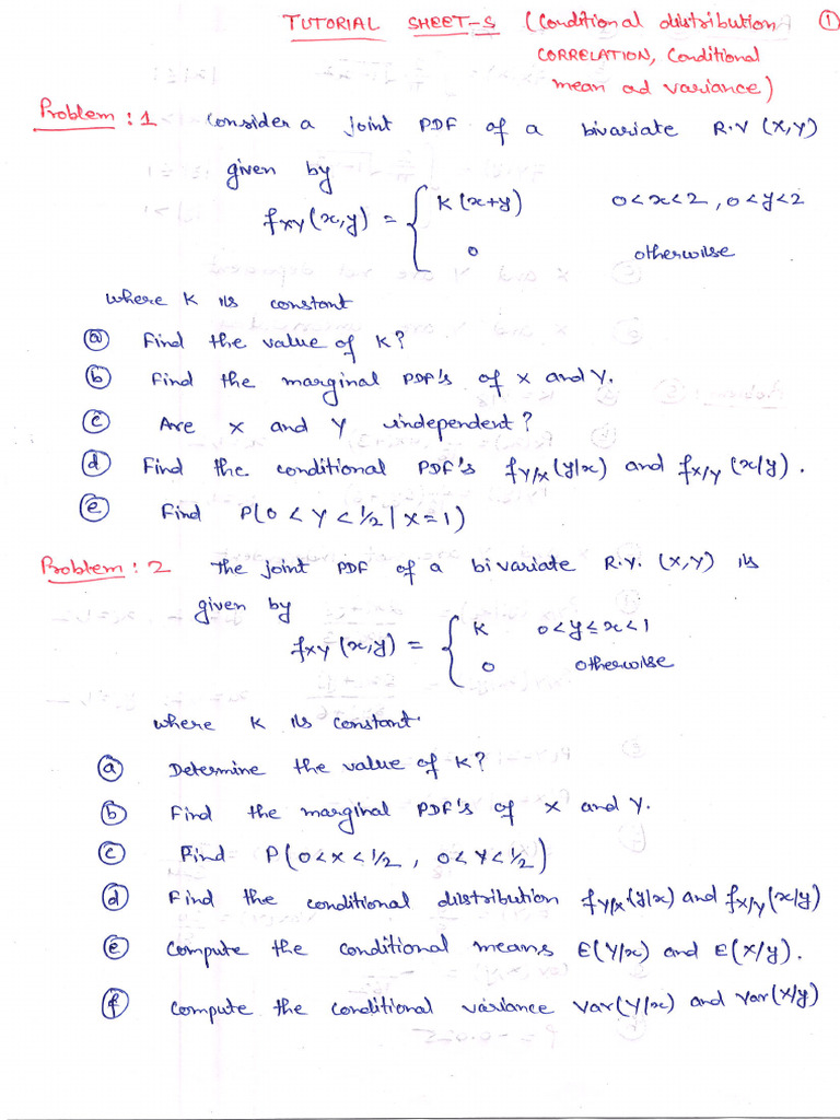 Tutorial Sheet-5 (Conditional Distribution, Covariance, Correlation, CM) | PDF