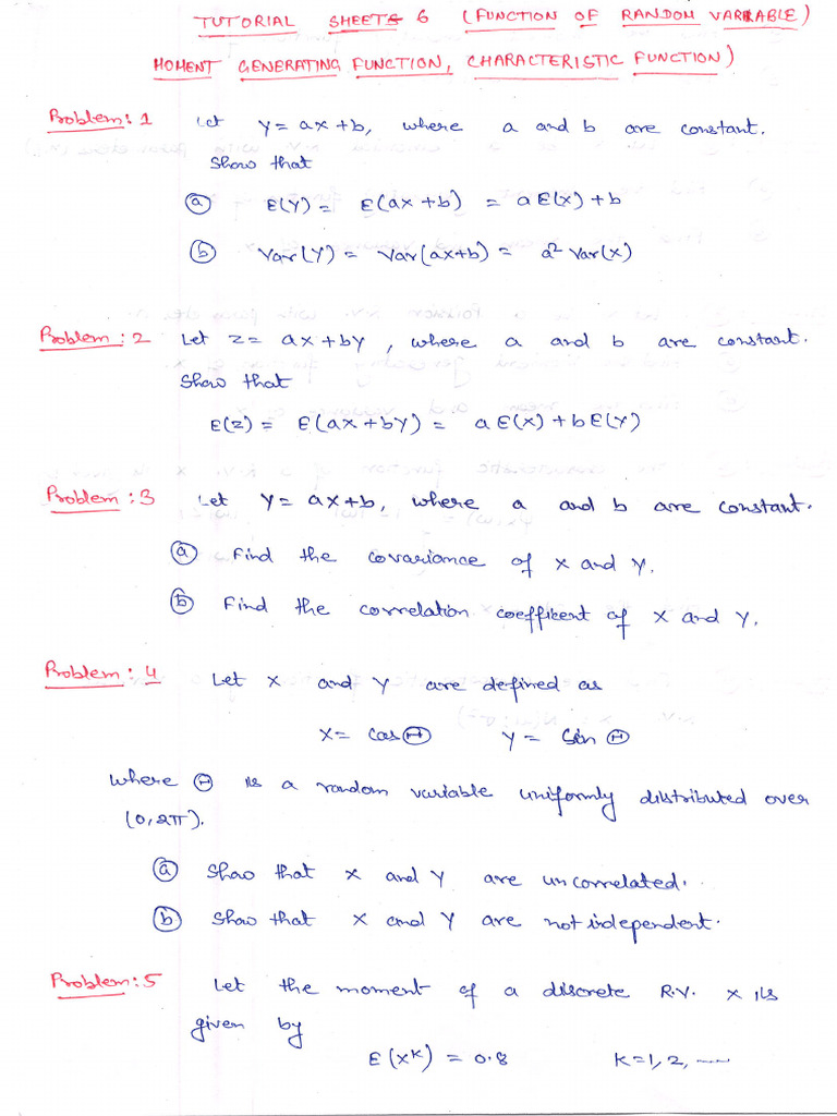 Tutorial Sheet-6 (Function of R.V, MGF, Characterstic Equation) | PDF