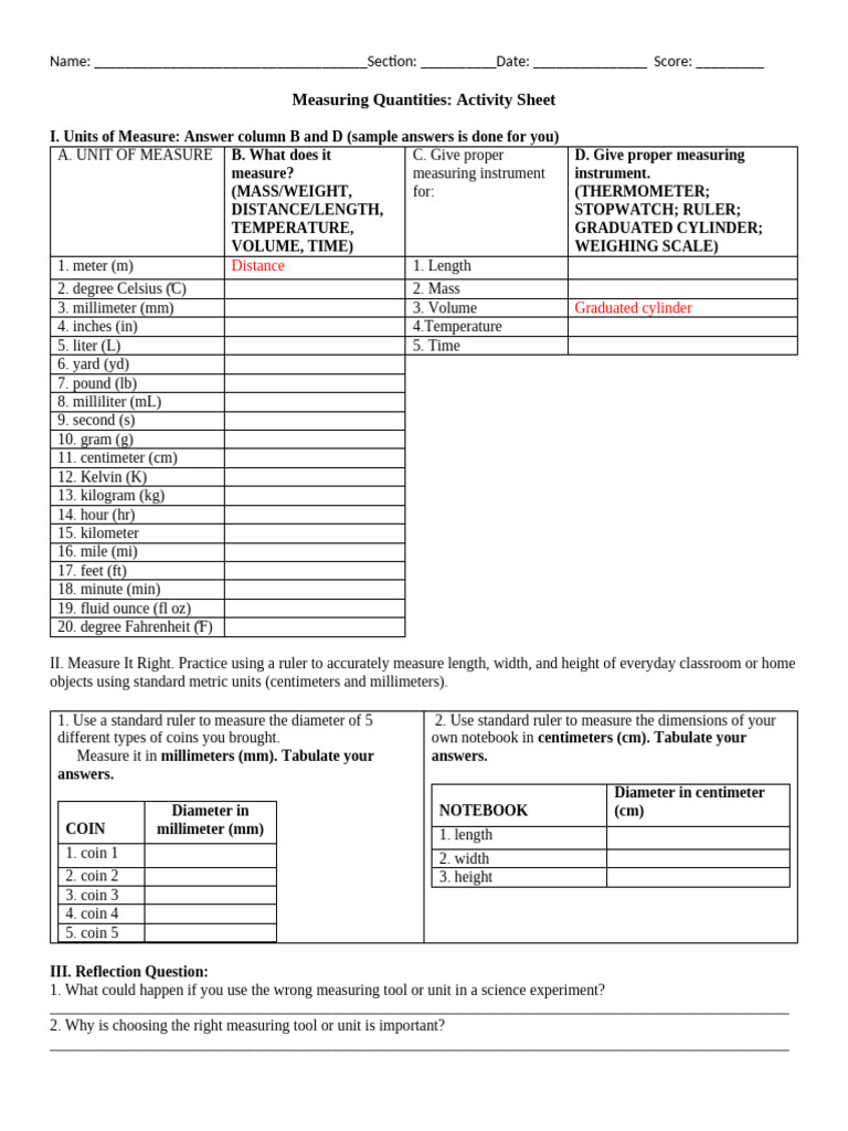 Measuring Quantities Activity Sheet | PDF | Measurement | Length