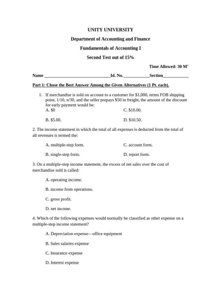 Accounting I Test: Key Concepts & Entries | PDF | Debits And Credits ...