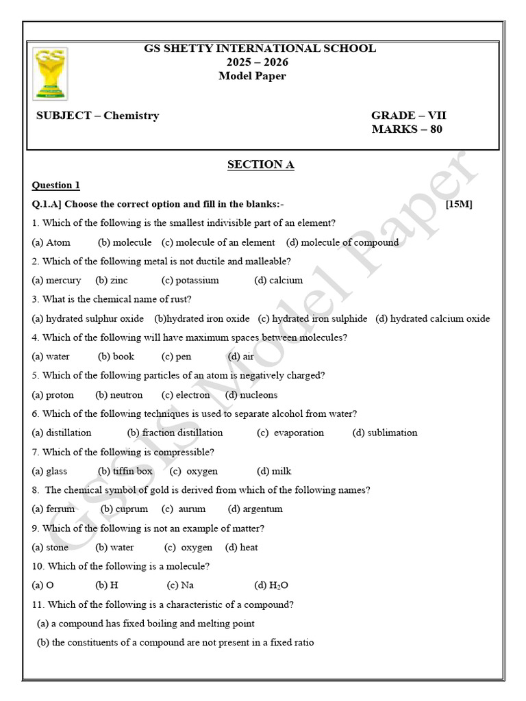 Grade 7 Chemistry SA1 Model Paper | PDF | Valence (Chemistry ...