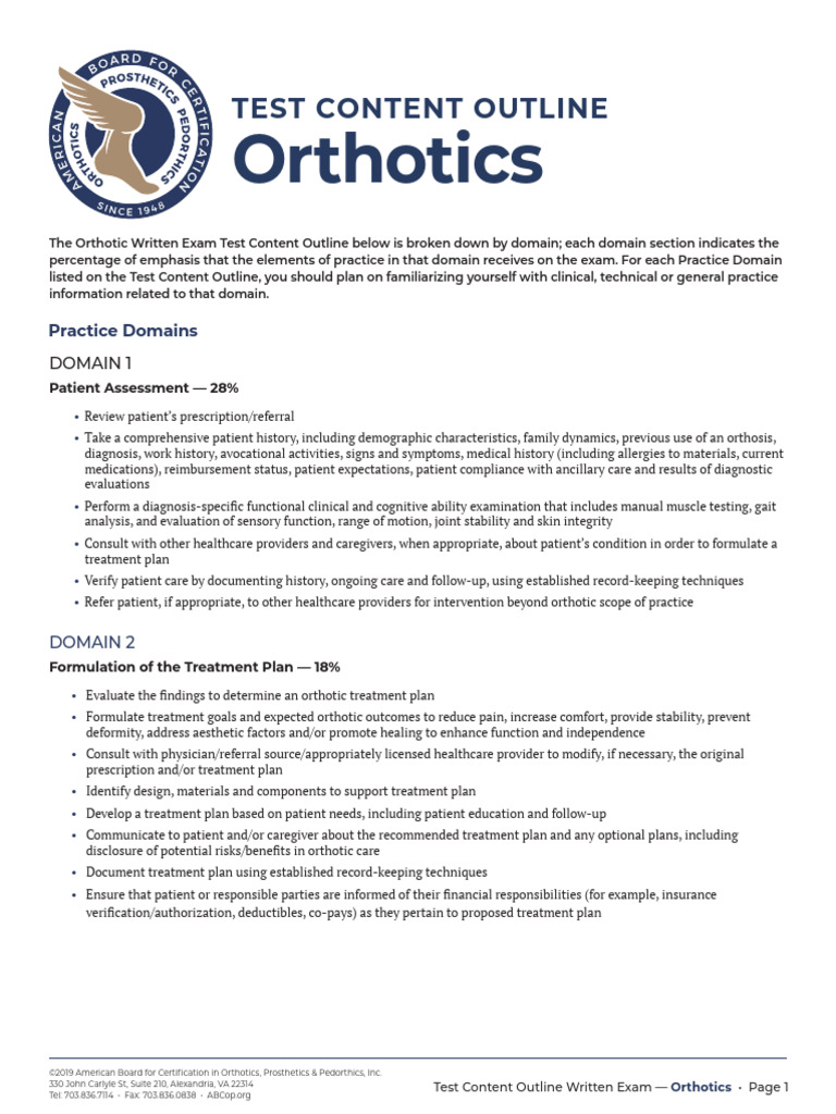 Orthotic Exam Content Outline Guide | PDF | Prosthesis | Medical Diagnosis