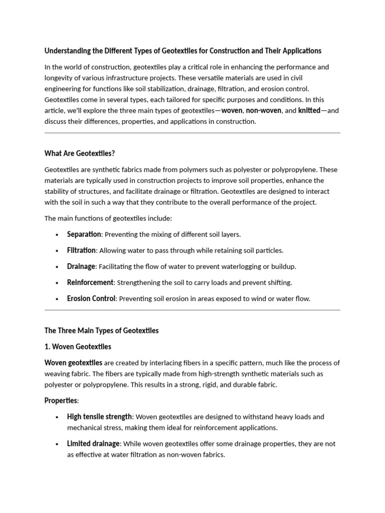 Understanding The Different Types of Geotextiles For Construction and ...