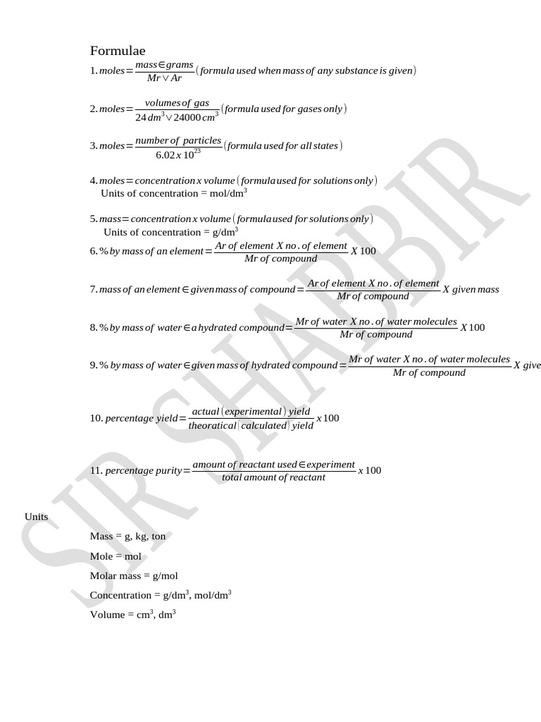 Formula Sheet Moles | PDF | Mole (Unit) | Chemistry