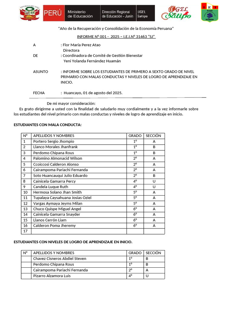 Informe Sobre La Mala Conducta y Nla en Inicio Del Nivel Primario | PDF