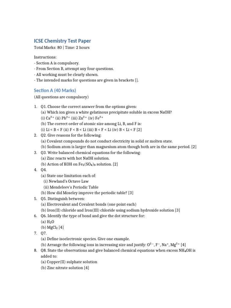 ICSE Chemistry Test Paper Guide | PDF | Chemical Compounds | Chemistry