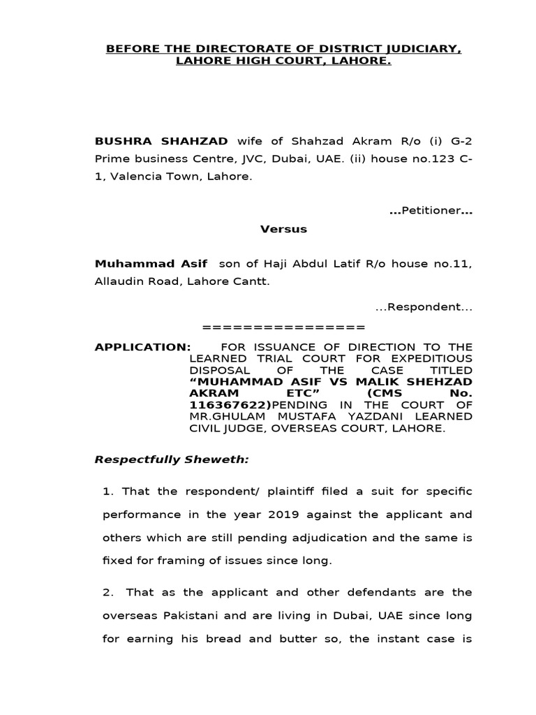 Application For Expedituious Disposal, Bushra Shahzad | PDF | Affidavit | Lawsuit