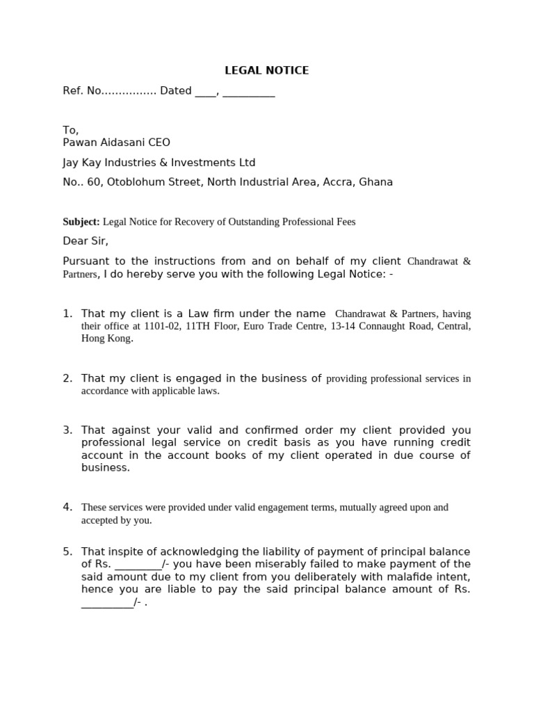 Legal Notice for Fee Recovery | PDF | Payments | Justice