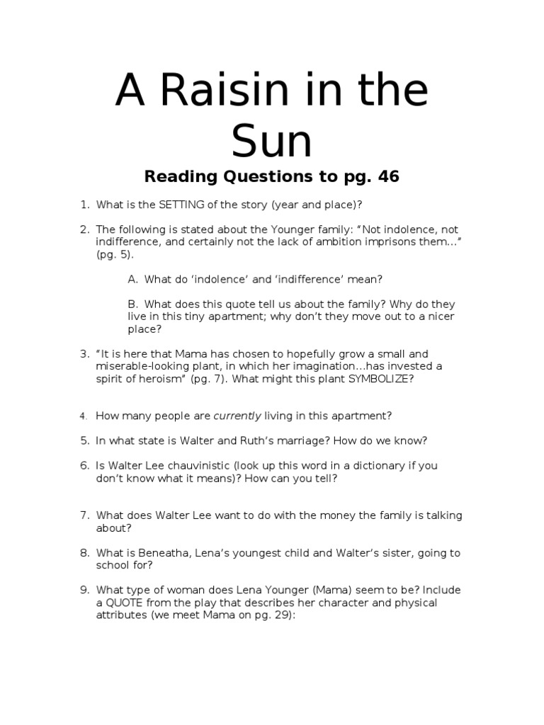 A Raisin in The Sun Reading Questions | PDF | Religion & Spirituality