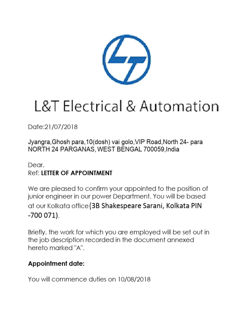 Junior Engineer Appointment Letter | PDF