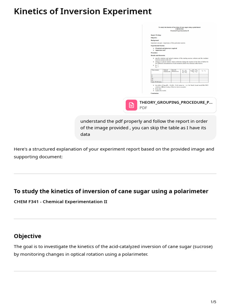 Kinetics of Cane Sugar Inversion Experiment | PDF | Chemical Kinetics ...