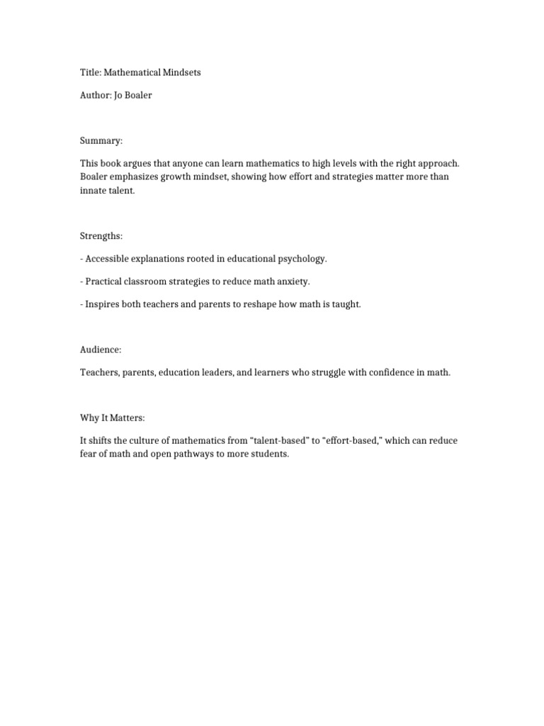 Jo Boaler's Mathematical Mindsets | PDF