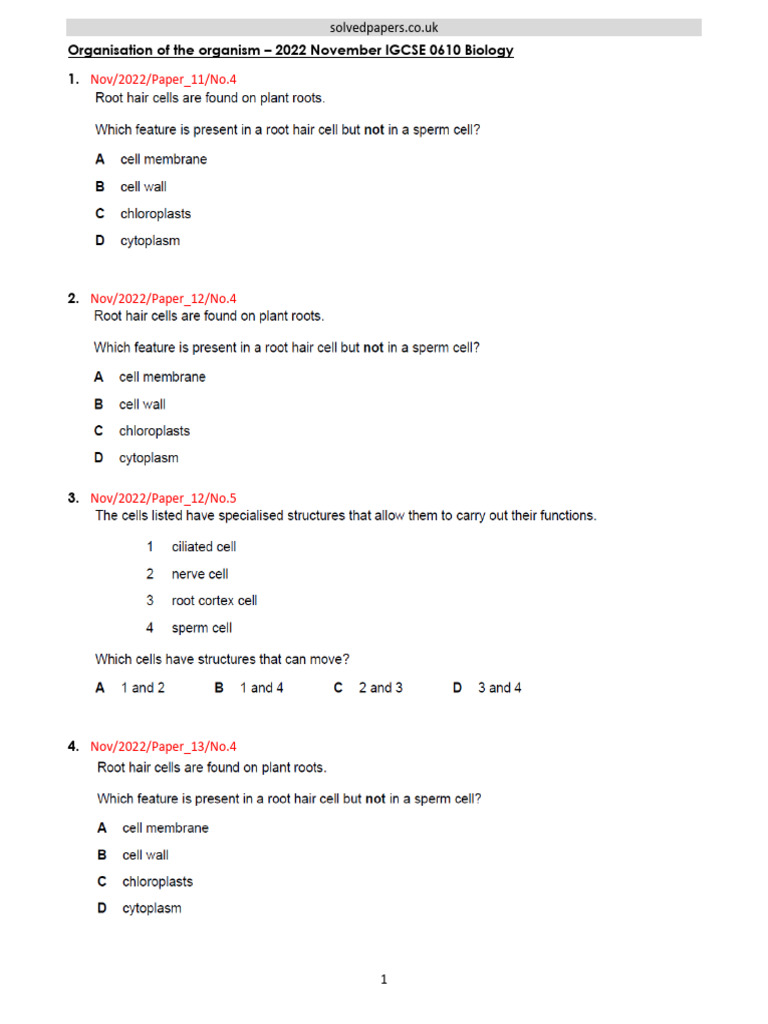 2022N Organisation of The Organism IGCSE 0610 Biology | PDF