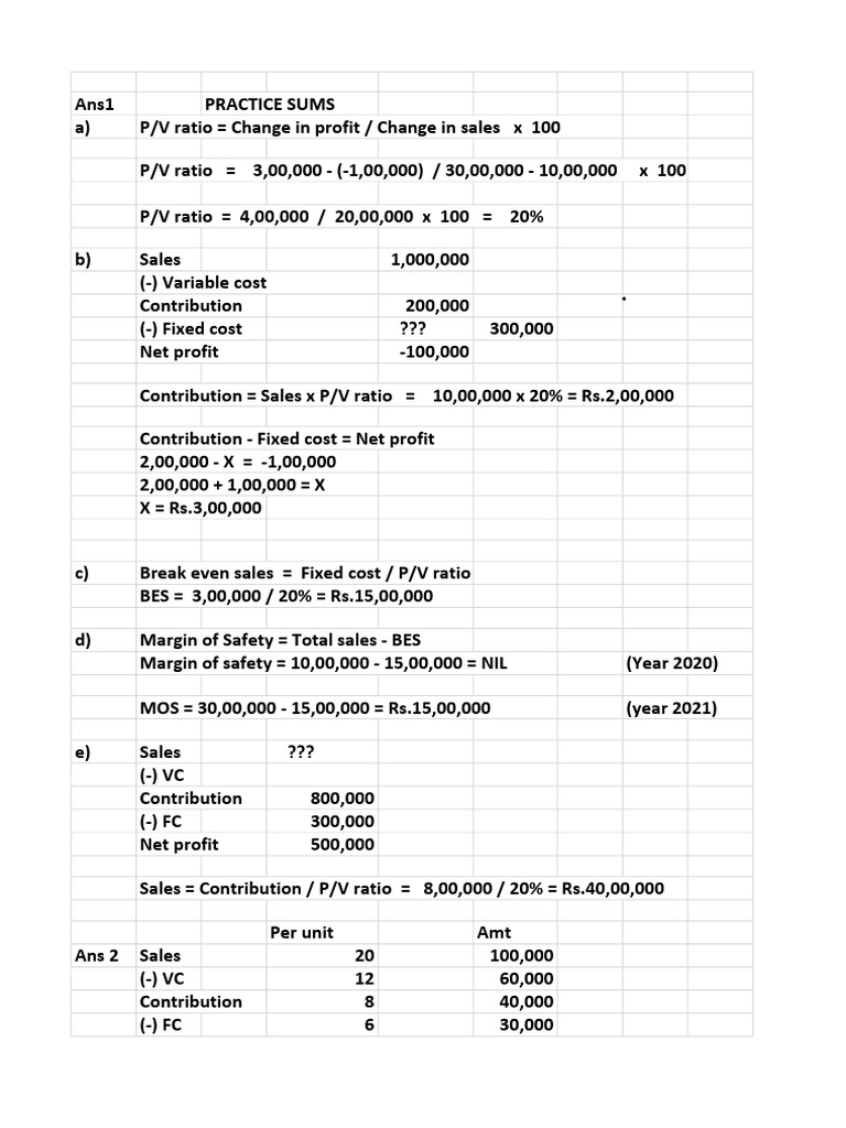 Solution To Margin Costing Practice Sums | PDF | Pricing | Production ...