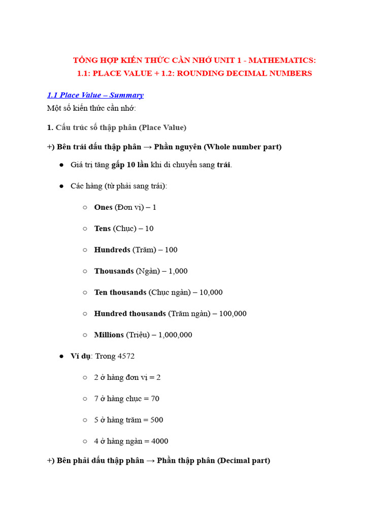 Tổng Hợp Kiến Thức Cần Nhớ Unit 1 - Mathematics | PDF