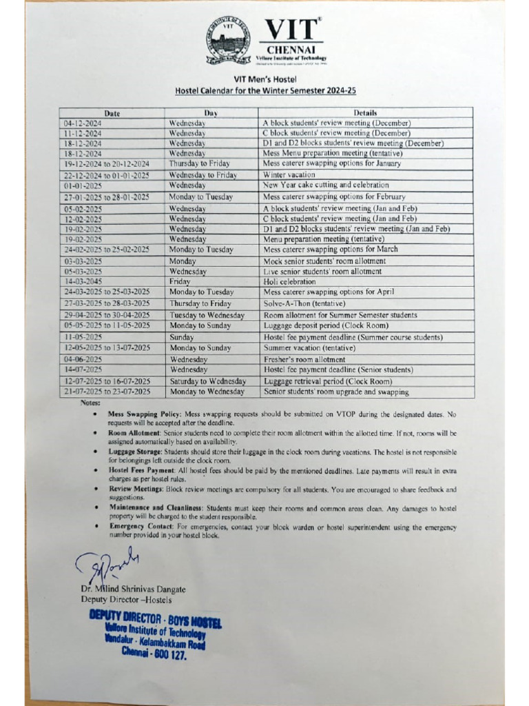Mens Hostel Calendar For The Winter Semester 2024-25 | PDF