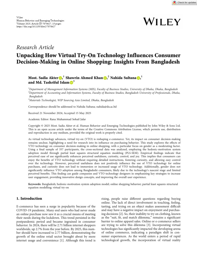 MAAMHuman Behavior and Emerging Technologies - 2025 - Akter - Unpacking How Virtual Try‐on ...