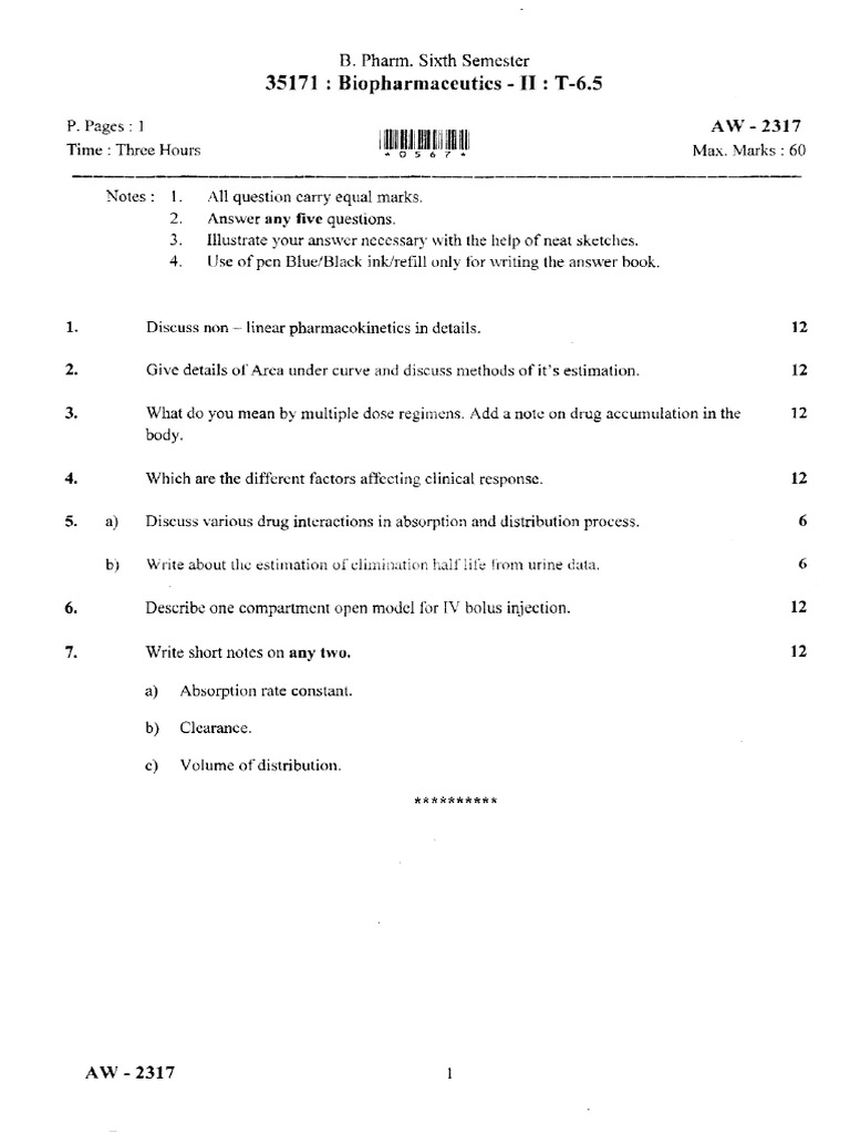 Bpharm 6 Sem Biopharmaceutics 2 S 2019 | PDF