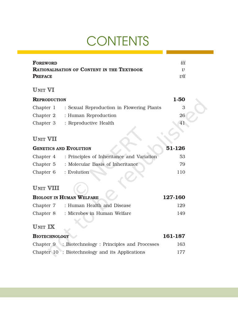 Class 12 Biology NCERT Index | PDF