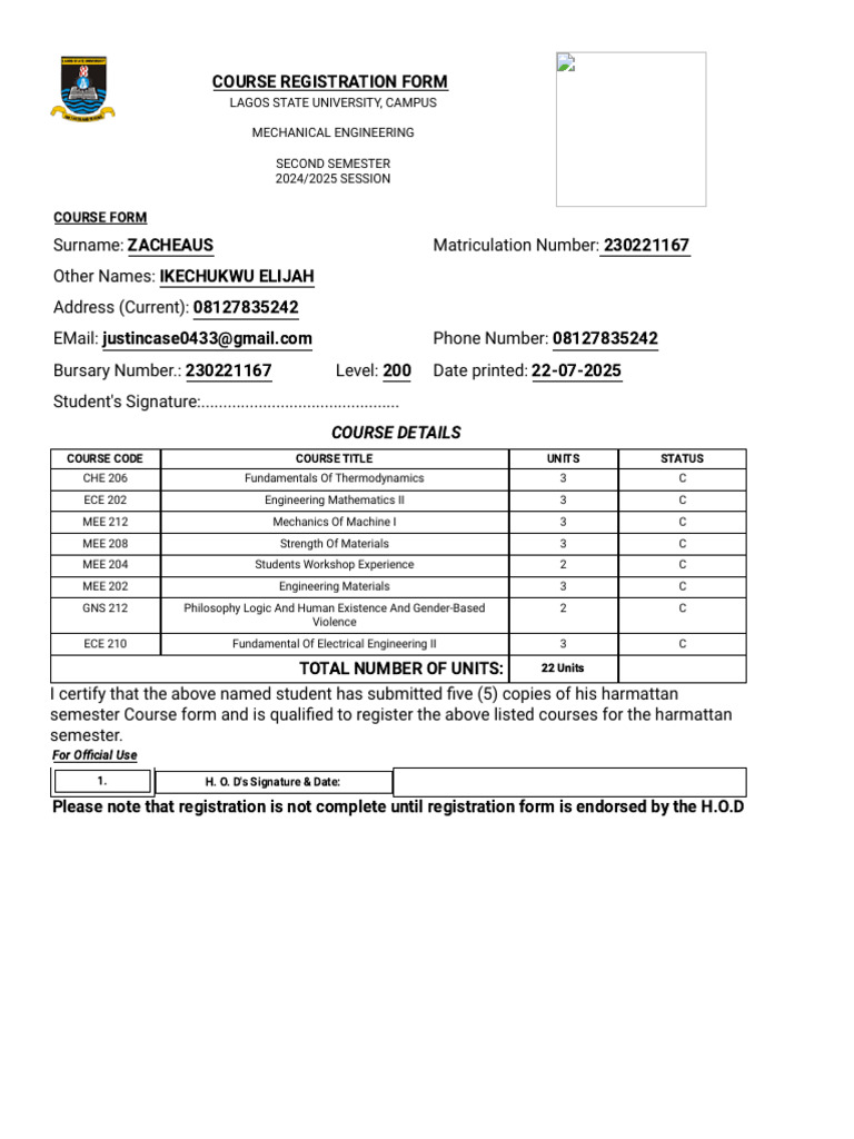 Lagos State University Course Registration Form | PDF
