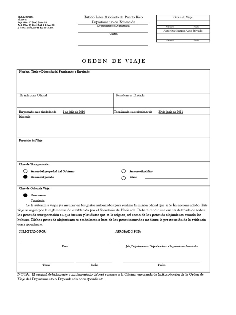 Orden de Viaje Se Llena Anual en Blanco | PDF