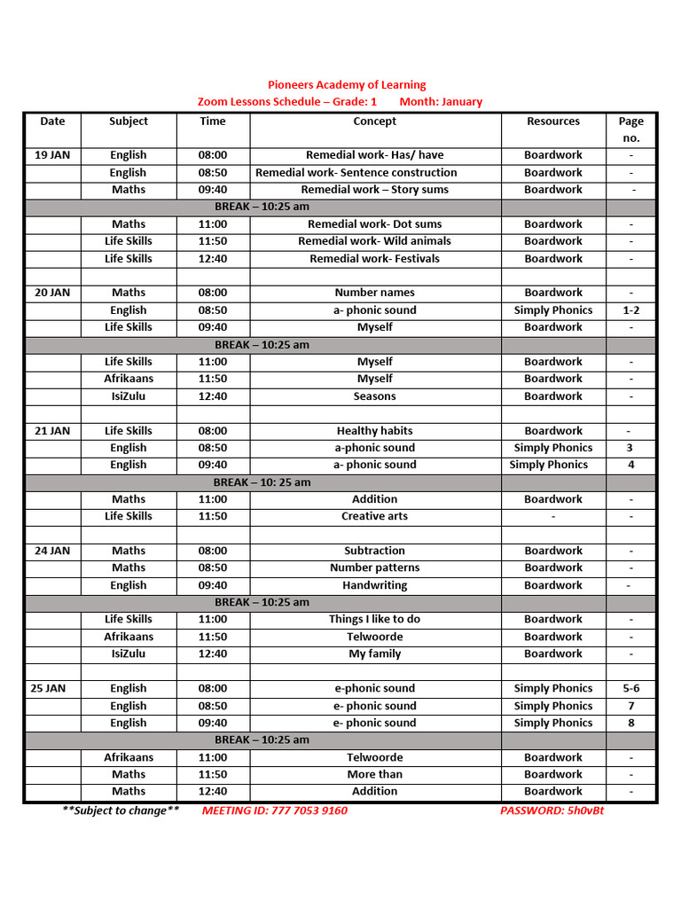 Grade 1 January Zoom Schedule-1 | PDF | Phonics | Writing