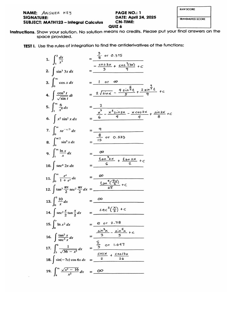 Math123 Integral Calculus Midterm Day 8 Quiz 6 Word Answer Key 2024 ...